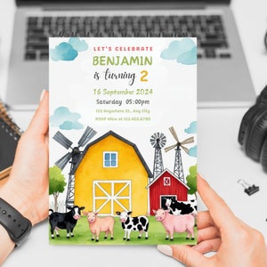 Farm Animals Birthday Invitation, Yellow Barnyard Party (digital ...