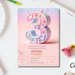 3rd Birthday Invitation Pastel Pink Third Birthday Party Invite, Blush ...