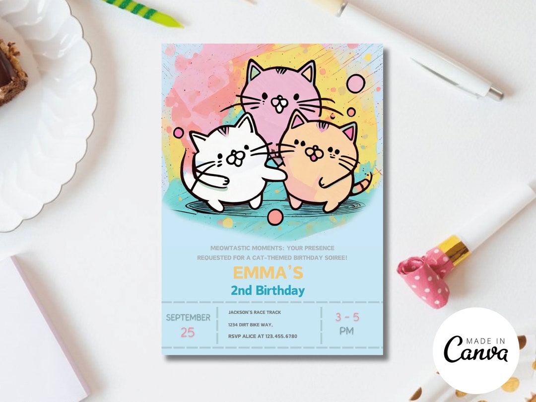 Editable Cat Birthday Party Invitation, Cat Theme Birthday Invite ...