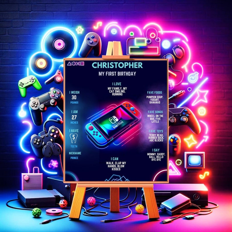 Gamer Birthday Milestone Poster, Neon Nintendo Sign (digital Download ...