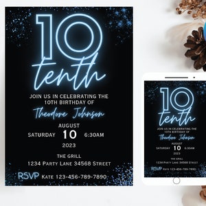 Neon Birthday Invitation Glow Blue Birthday Invitation 10th Birthday ...