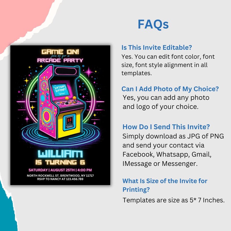 Editable Neon Arcade Birthday Invitation, Video Game Party (digital ...