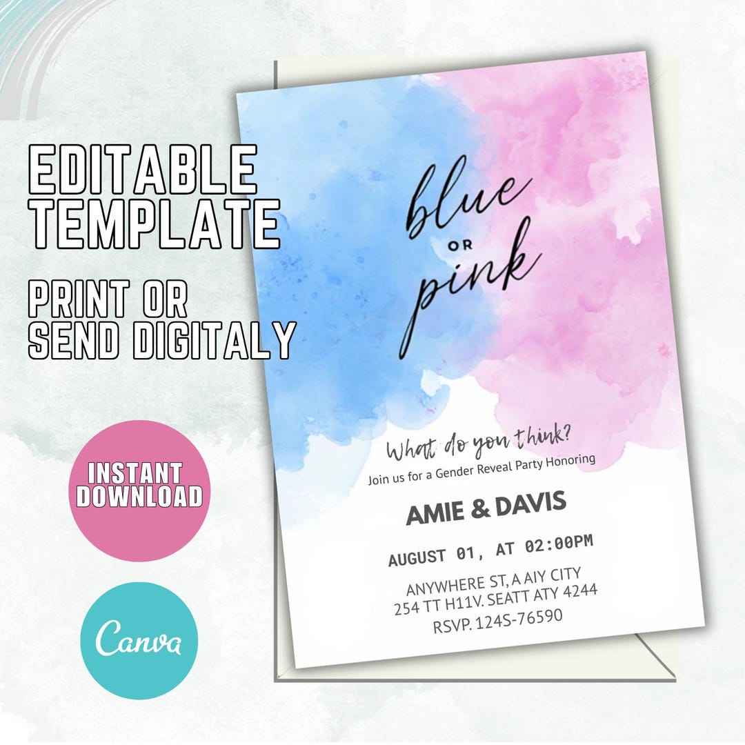 Smoke Gender Reveal Invitation, Elegant Blue and Pink Pastel Party ...