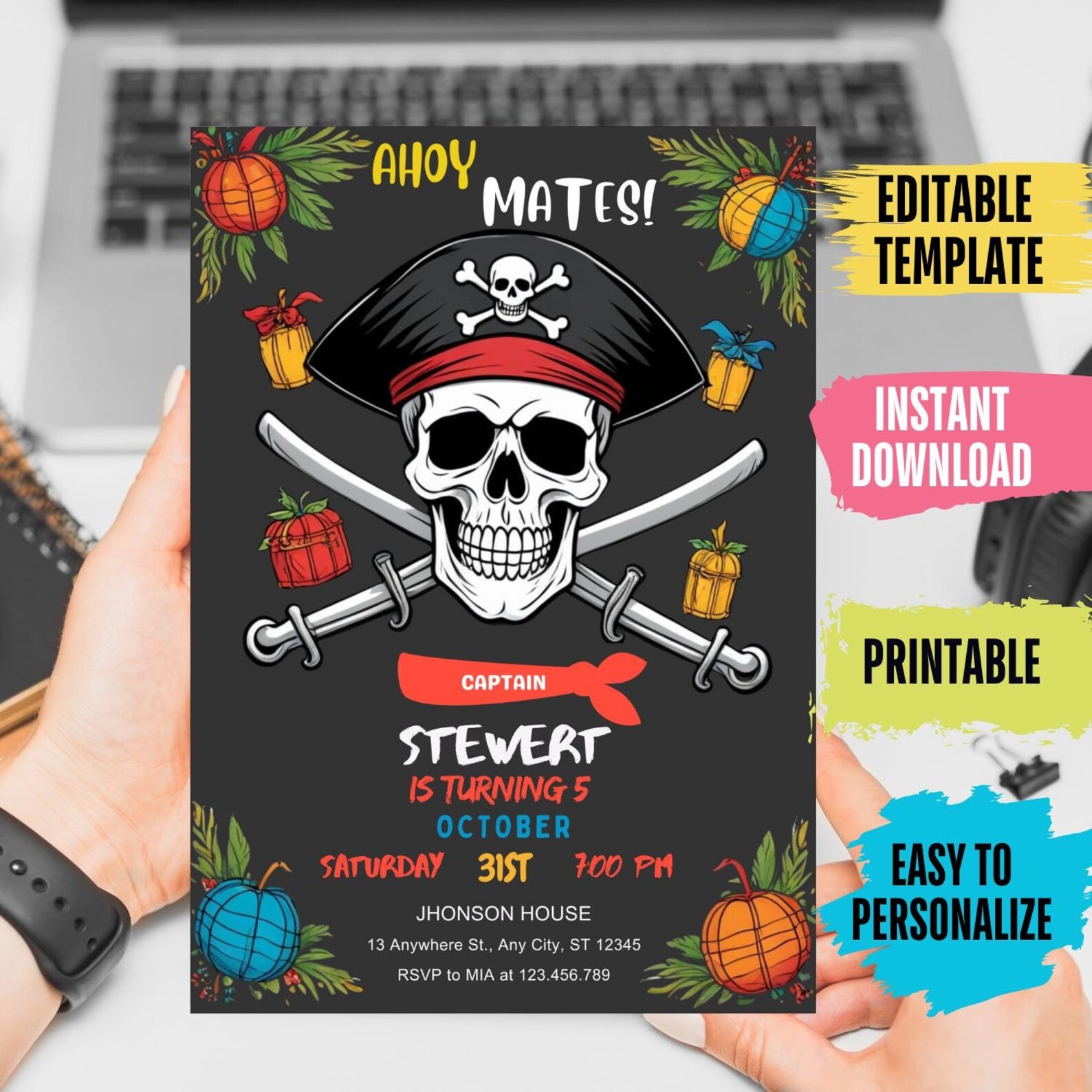 Editable Pirate Birthday Invitation, Ahoy Matey Party (digital Download ...