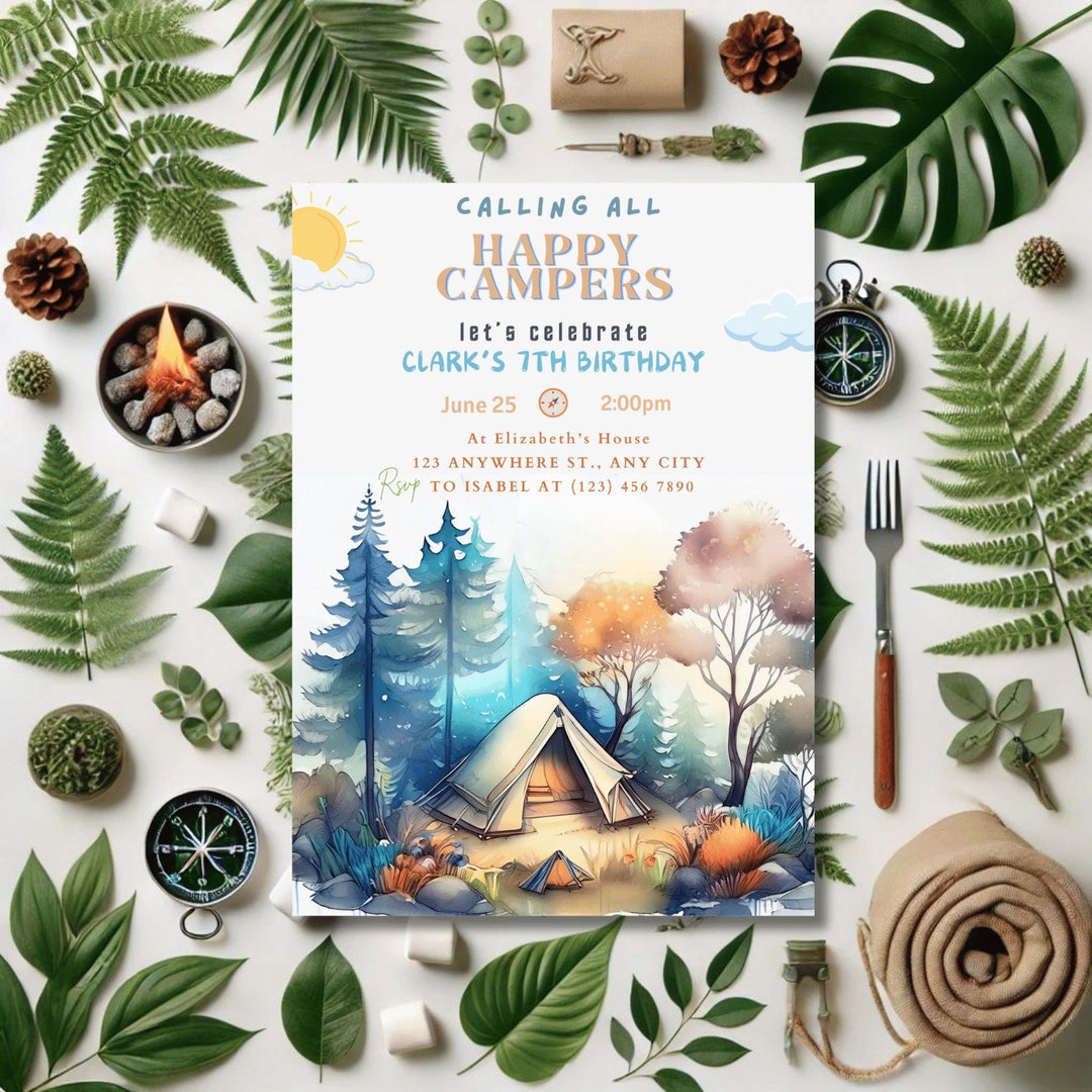Camping Birthday Invitation Template, Camping Birthday Invite, Camping ...