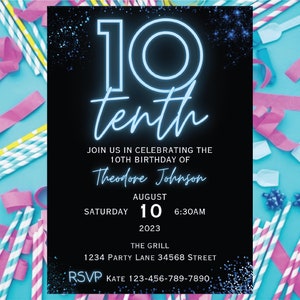 Neon Birthday Invitation Glow Blue Birthday Invitation 10th Birthday ...