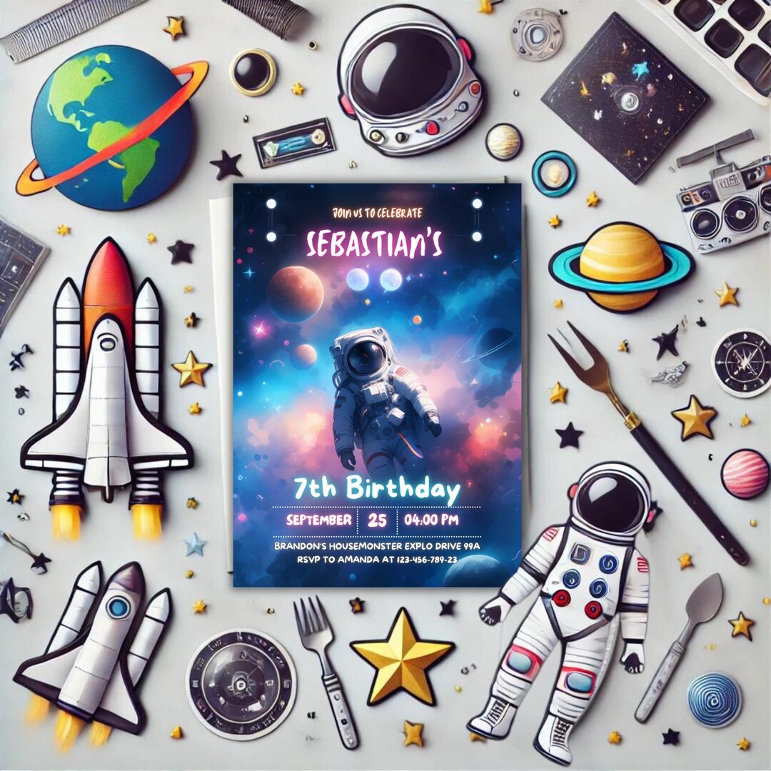 Editable Outer Space Birthday Invitation, Outerspace Invite Astronaut ...
