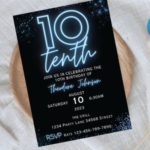Neon Birthday Invitation Glow Blue Birthday Invitation 10th Birthday ...