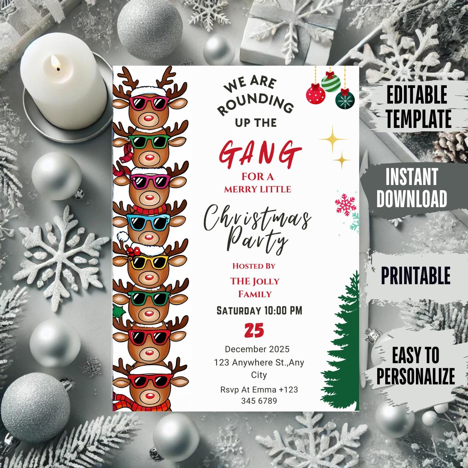 Editable Reindeer Christmas Party Invitation, We're Rounding up the ...