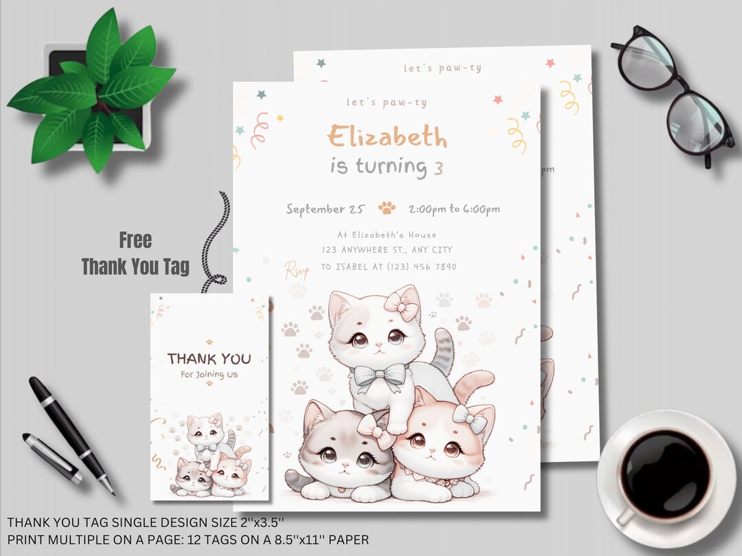 Cats Birthday Party Invitation Template, Kitty Birthday Invitation ...
