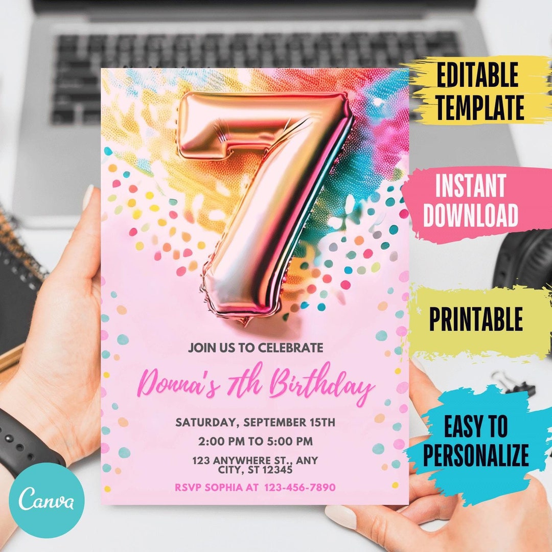 Editable 7th Birthday Invitation, Glitter Seventh Birthday Invitation ...