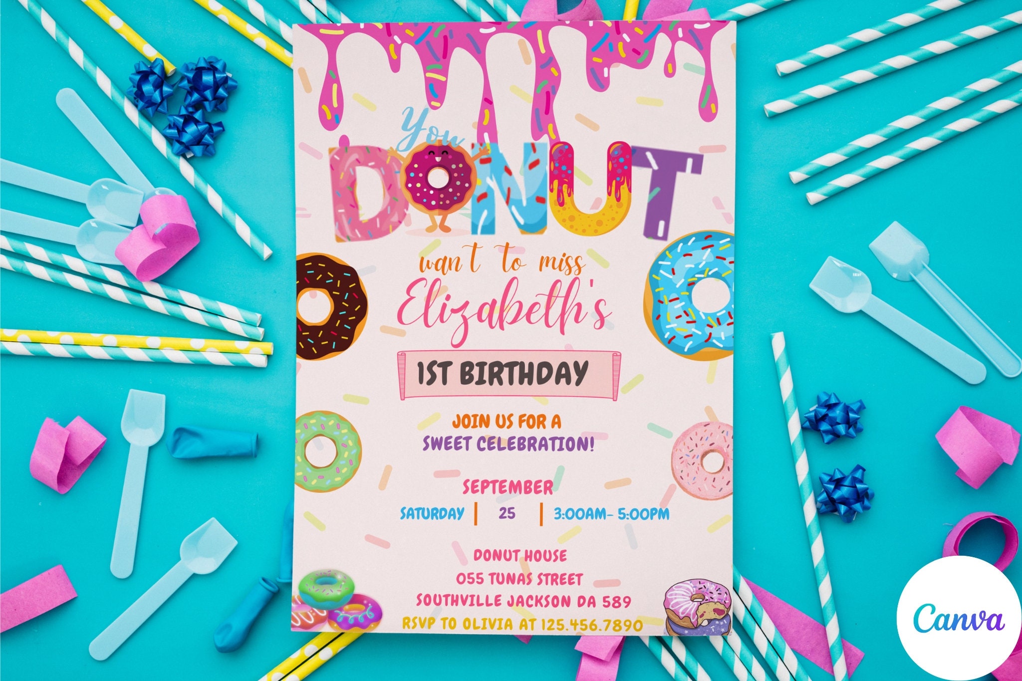 Sweet Donut Birthday Invitation Girl, Editable Donut Birthday Invite ...