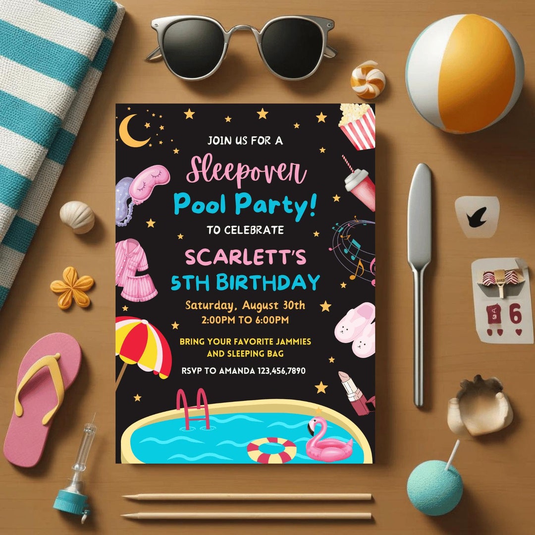 Editable Sleepover Pool Party Birthday Invitation, Pool Party Girl ...
