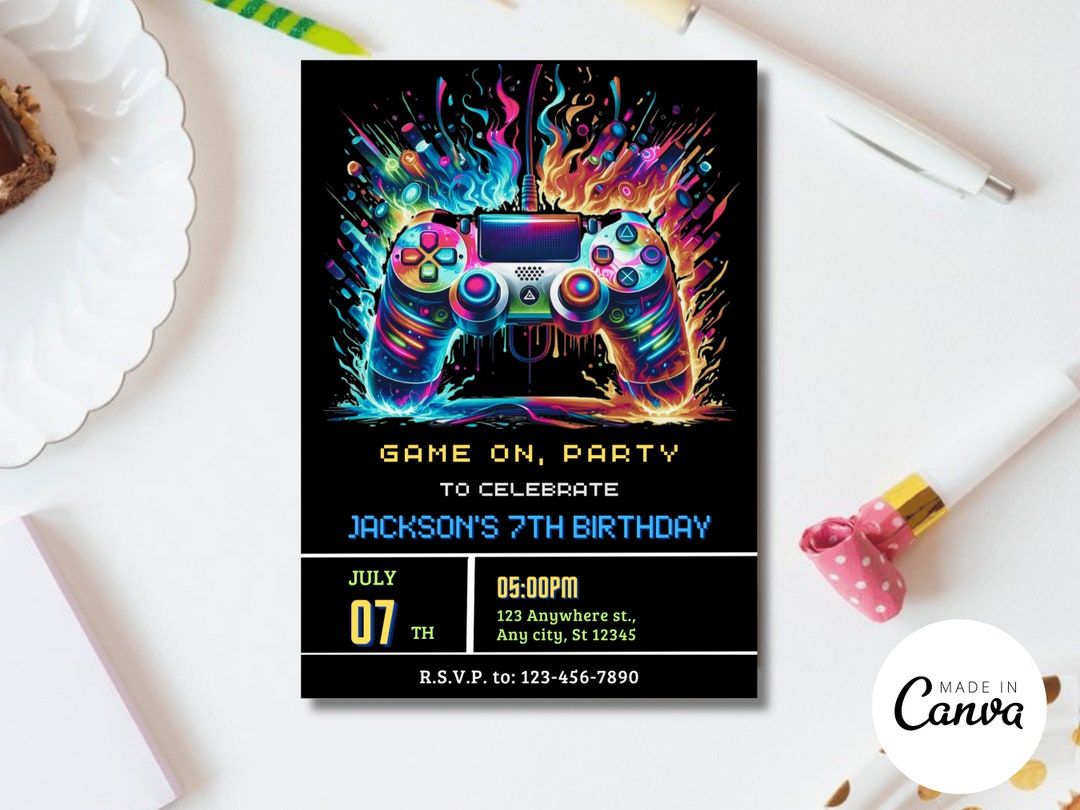 Editable Neon Game on Level up Gaming Birthday Party Invitation, Video ...