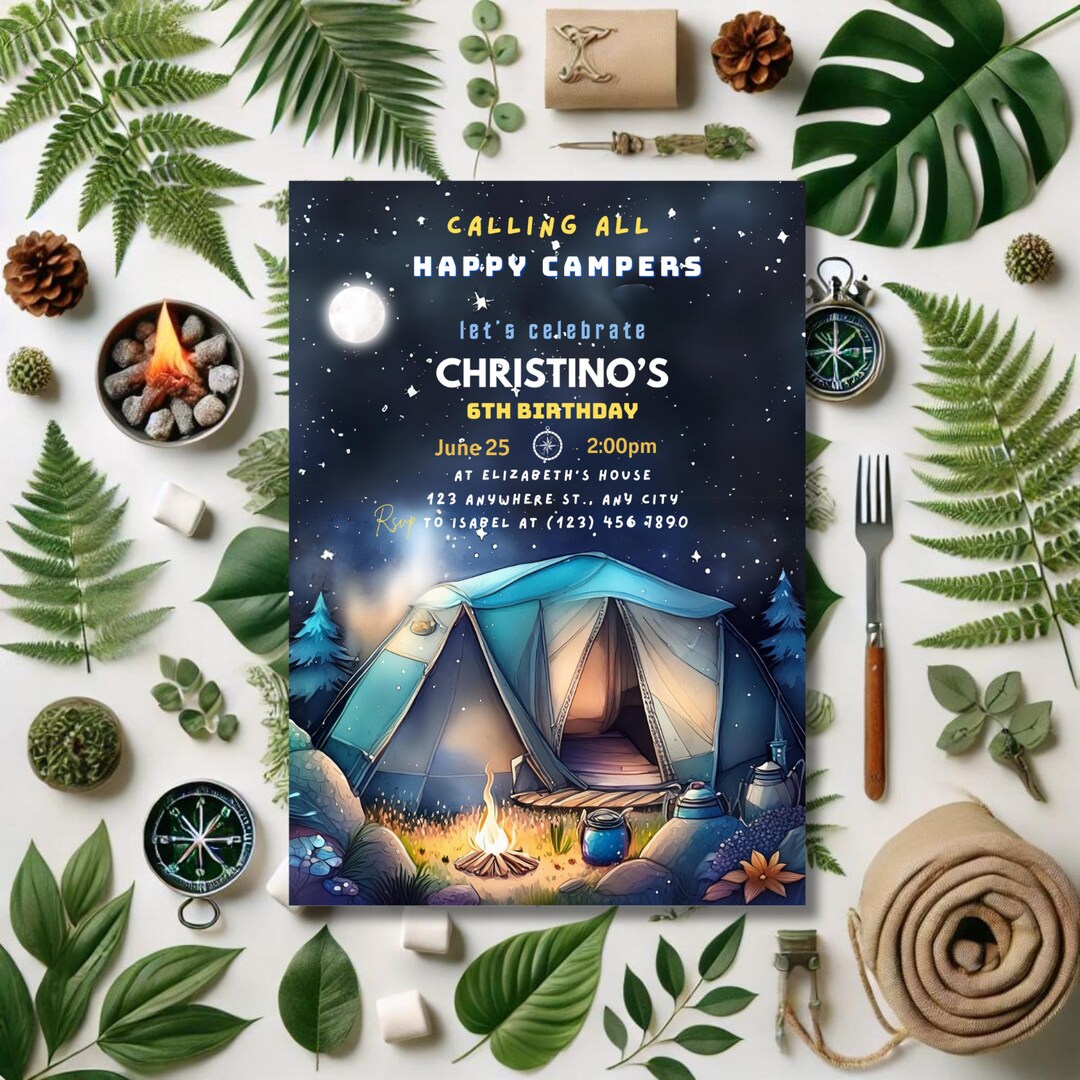 Camping Birthday Invitation Template, Camping Party Invitation, Camp ...