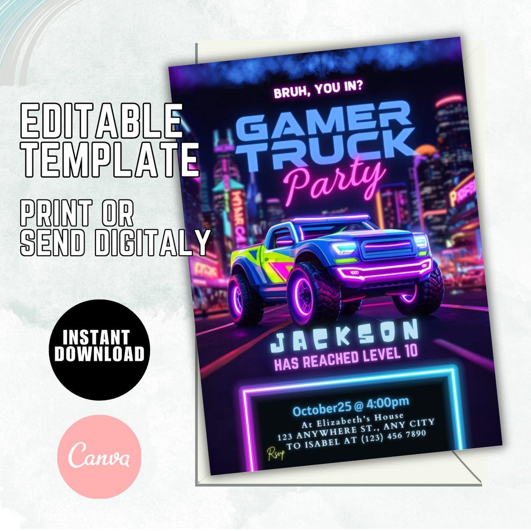 Video Game Truck Birthday Invitation, Neon Gamer Truck Party Invite ...
