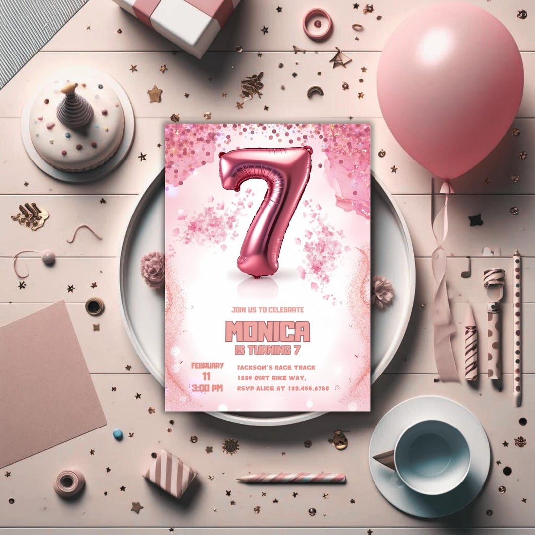 7th Birthday Invitation, Girl 7th Birthday Party Invitation, Rainbow ...