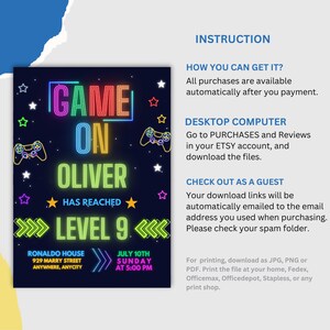 Neon Game on Birthday Invitation, Level up Gamer Party (digital ...
