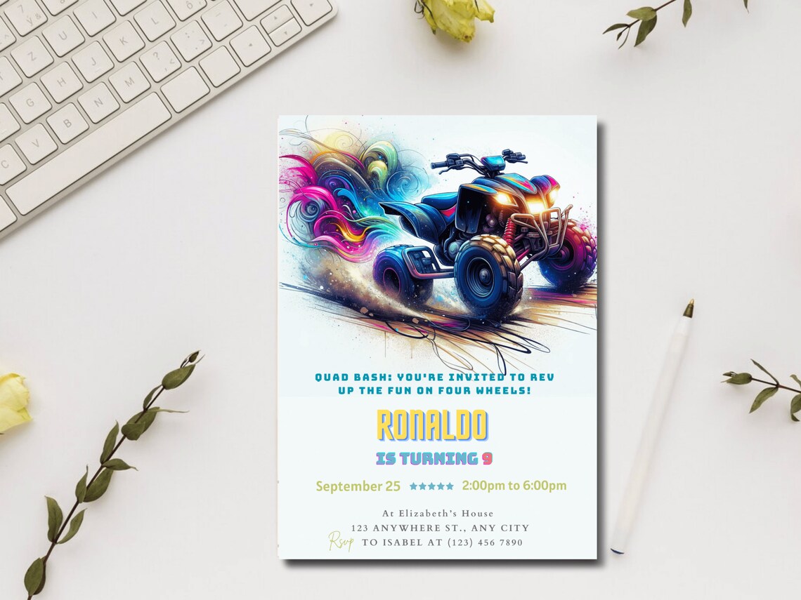 Editable Neon ATV Birthday Invitation 4 Wheeler Invite, Glow ATV ...