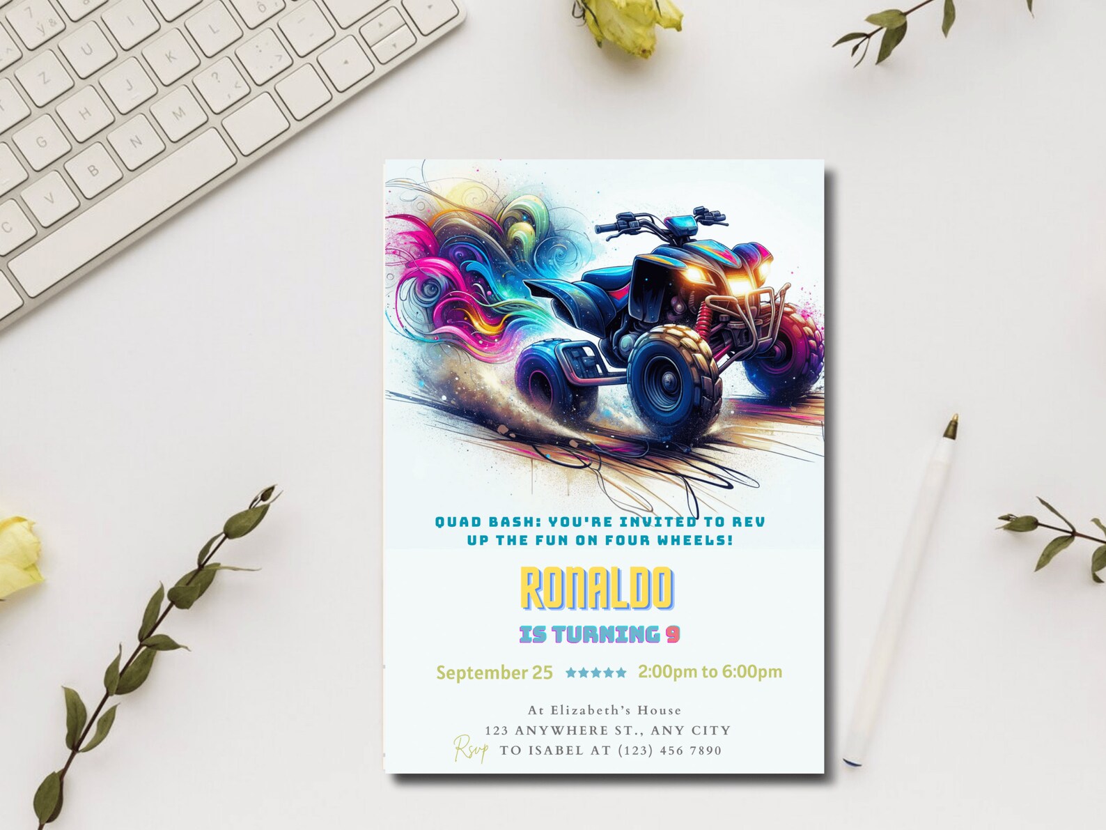 Editable Neon ATV Birthday Invitation 4 Wheeler Invite, Glow ATV ...