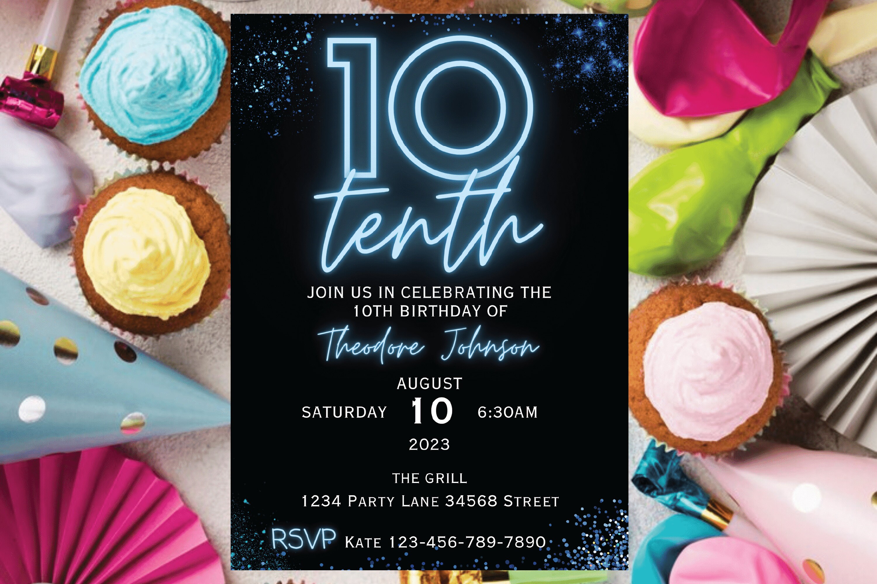 Neon Birthday Invitation Glow Blue Birthday Invitation 10th Birthday ...