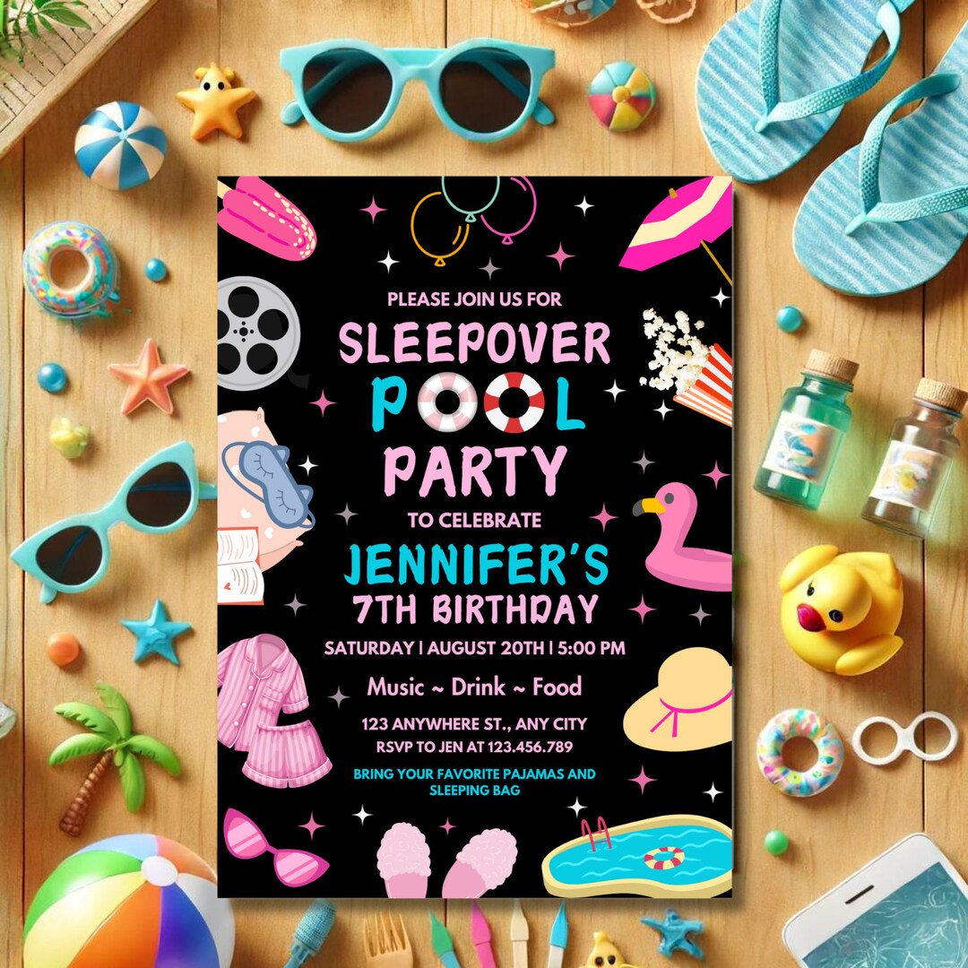 EDITABLE Sleepover Pool Party Birthday Invitation, Pool Party Template ...