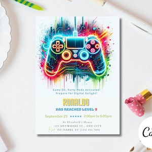 Video Game Party Invitation, EDITABLE Level up Birthday Invite, Blue ...