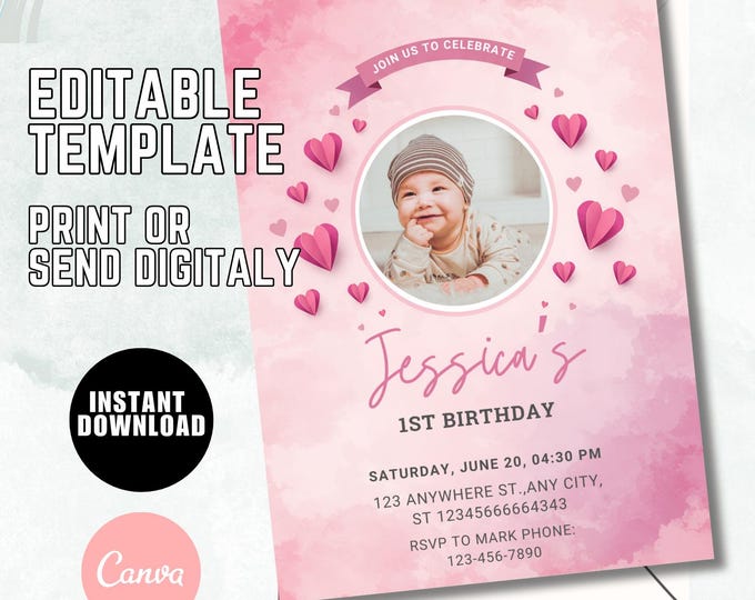 Girl 1st Birthday Invitation Template: Minimal Pink Design (editable ...