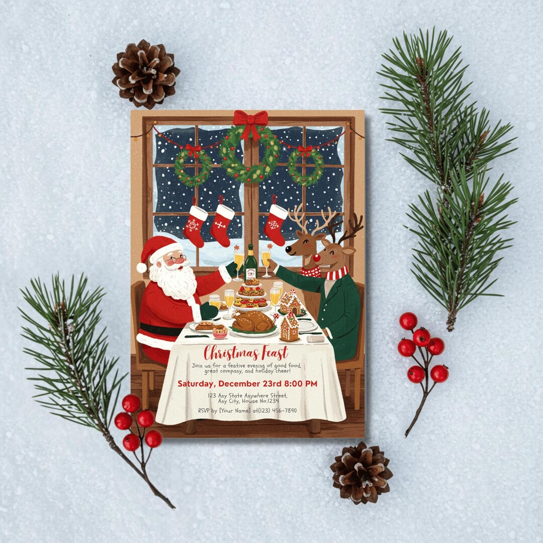 Christmas Feast Invitation Template, Santa Dinner Party Invite, Holiday ...