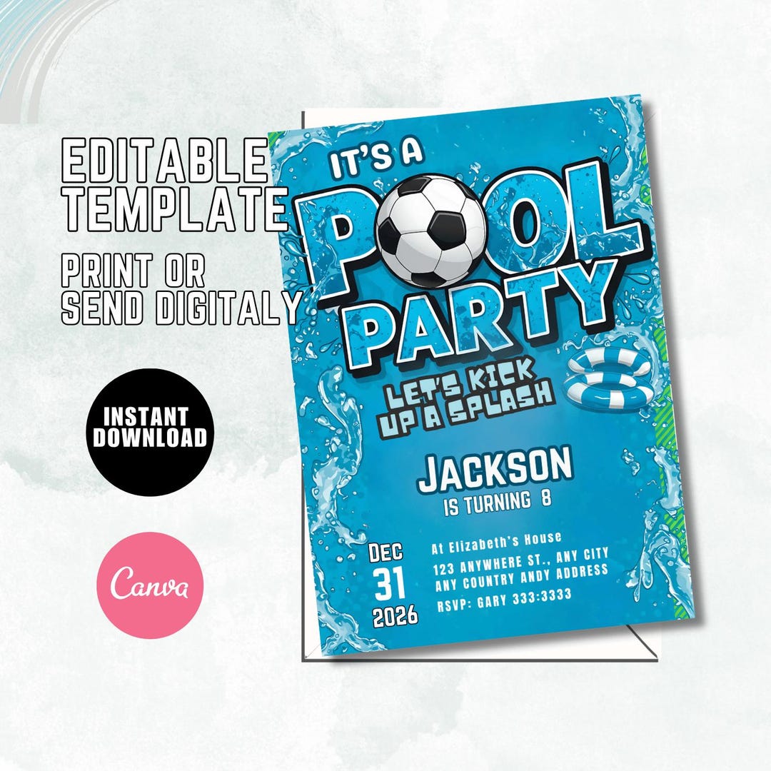 Football Pool Party Invitation Template, Editable Summer Birthday ...