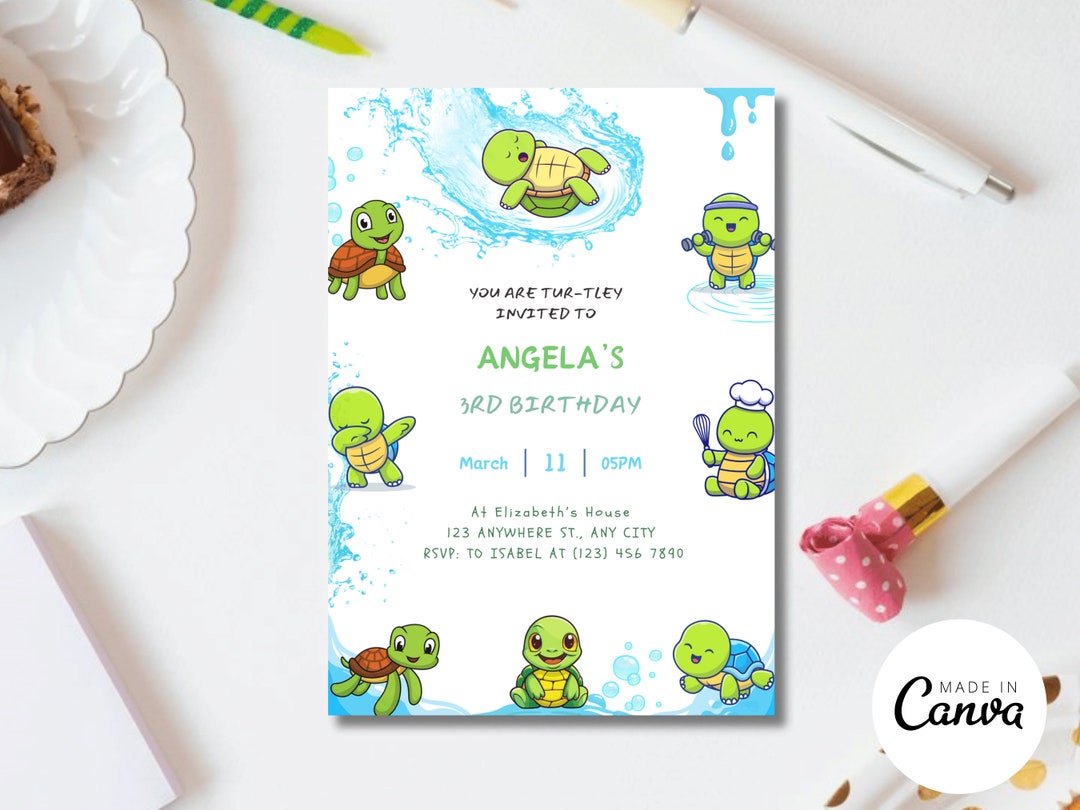 Turtle Birthday Party Invitation Template, Green and Blue Watercolor ...