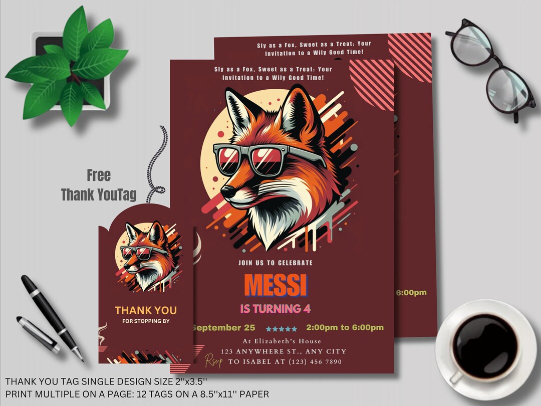 Editable Fox Birthday Invitation, Minimalist Fox Birthday Party Invite ...