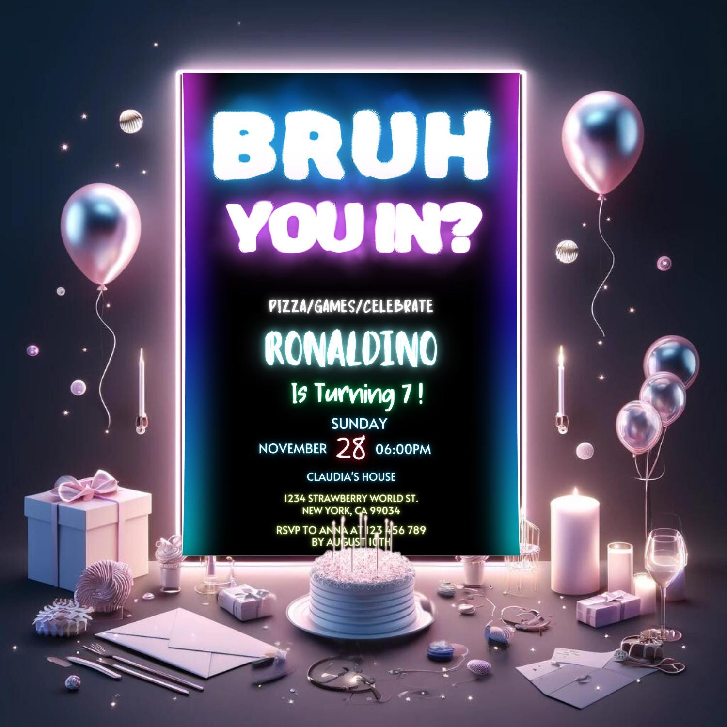 Editable Bruh Neon Birthday Invitation, Teen Boy Party (digital ...