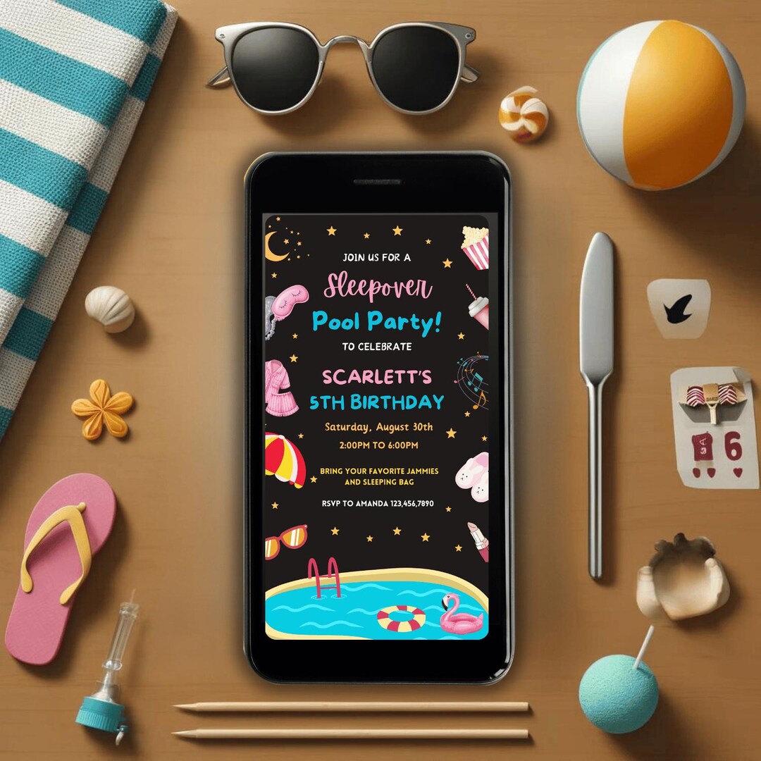 Sleepover Pool Party Invitation, Mobile Sleepover Birthday Text Invite ...