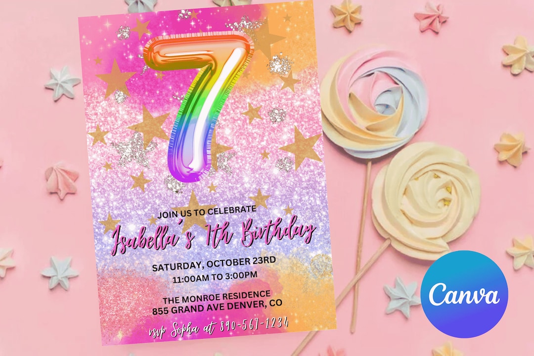 Editable Pink 7th Birthday Invitation Template Glitter Birthday Invite ...