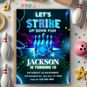 Glow Bowling Birthday Invitation, Neon Cosmic Party (editable Template ...
