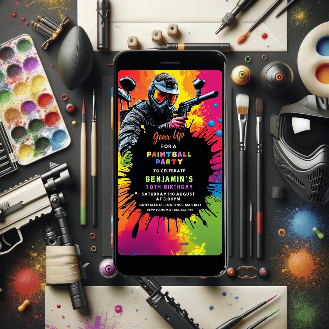 Editable Paintball Birthday Invitation, Mobile SMS Invite (digital ...