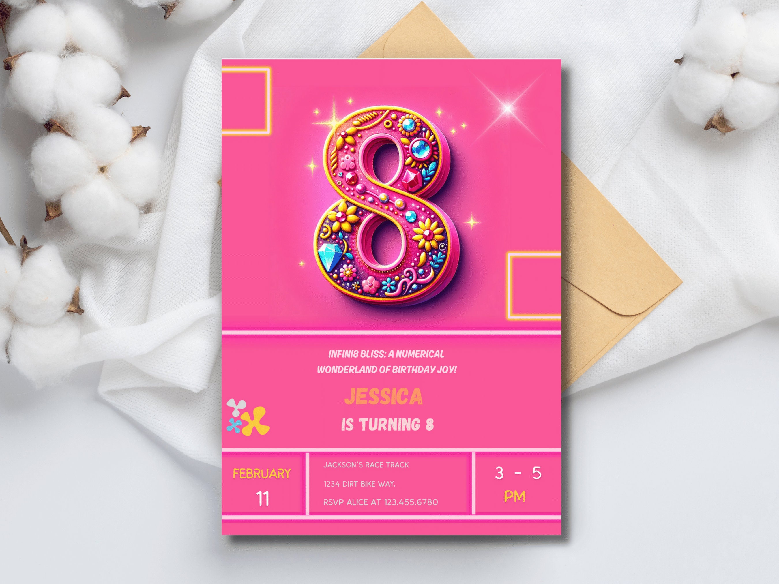 Editable Pink 8th Birthday Invitation, Glitter Rainbow Theme (digital ...