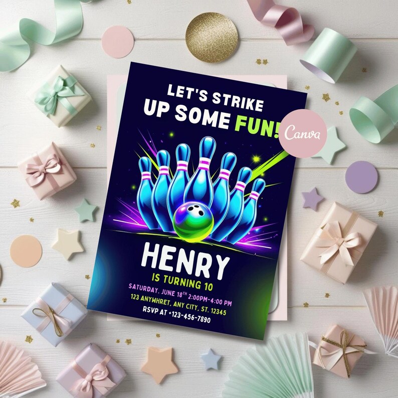 Neon Bowling Birthday Invitation, Editable Glow Party Invite (digital ...