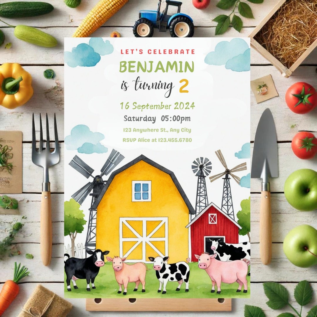 Editable Farm Birthday Invitation Farm Animals Invite Yellow Barnyard ...