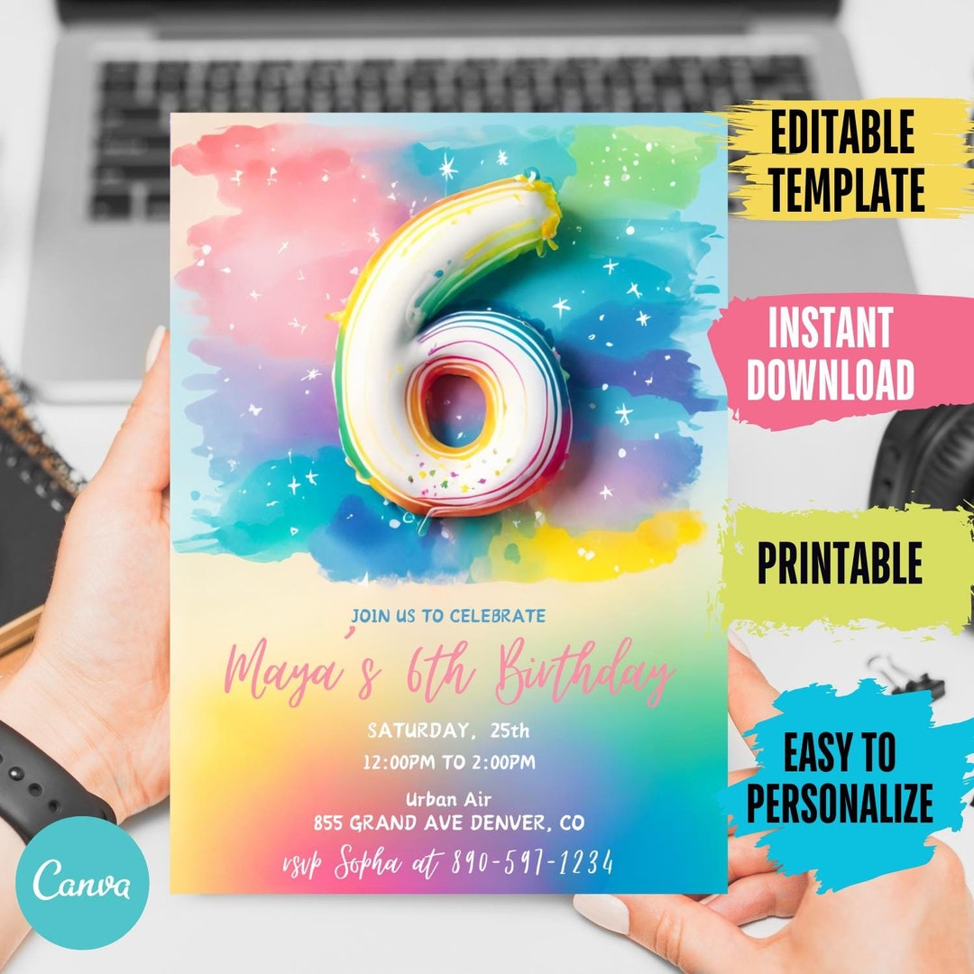 Editable 6th Birthday Invitation Template 6th Pastel Rainbow Birthday ...