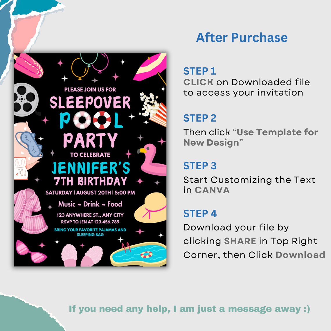 Editable Sleepover Pool Party Invitation, Teen Girl Birthday (digital ...