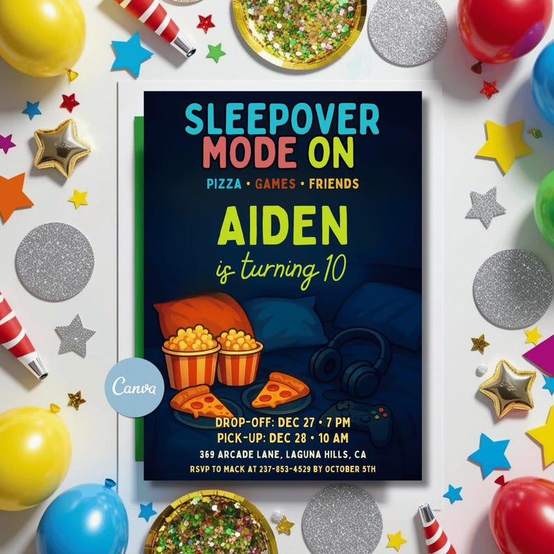 Editable Sleepover Invitation, Boys Gaming Birthday Party Invite, Pizza ...