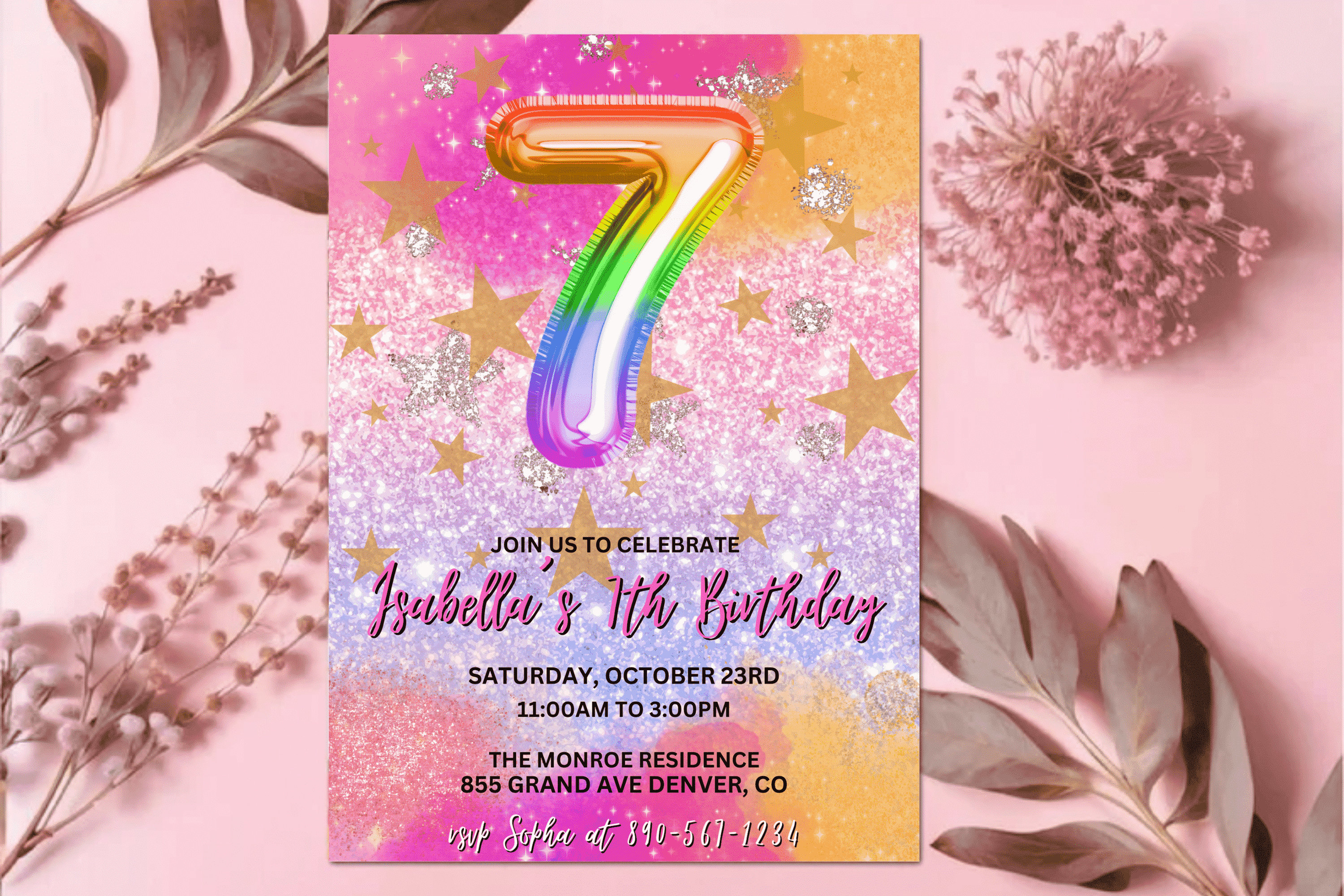 Editable Pink 7th Birthday Invitation Template Glitter Birthday Invite ...
