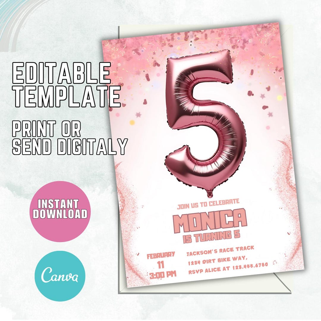 Pink 5th Birthday Invitation Template, Rainbow Glitter (digital ...