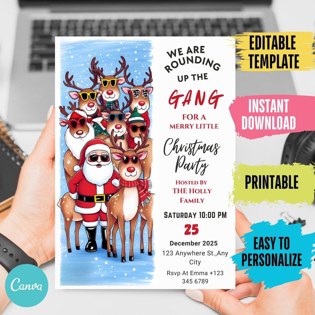 Editable Cute Reindeer Christmas Party Invitation, Rounding up the Gang ...