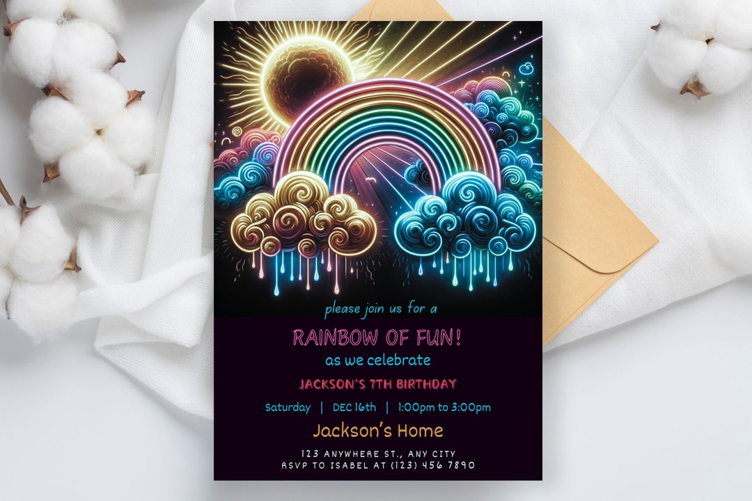 Editable Rainbow Birthday Invitation, Neon Rainbow Magic Party Invite ...