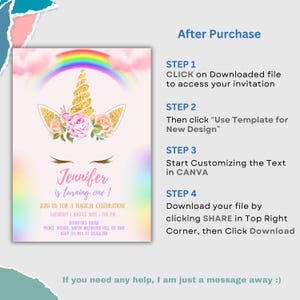 Editable Unicorn Rainbow Birthday Invitation, Unicorn Pink Gold Pastel ...