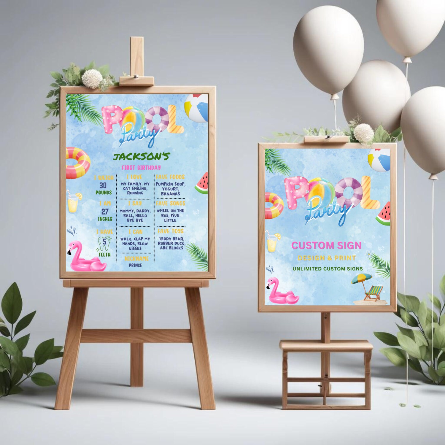 Editable Pool Party Milestone Sign, Tropical Ice Cream Birthday Poster ...