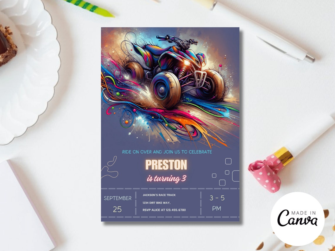 Editable Neon ATV Birthday Invitation 4 Wheeler Invite, Glow ATV ...